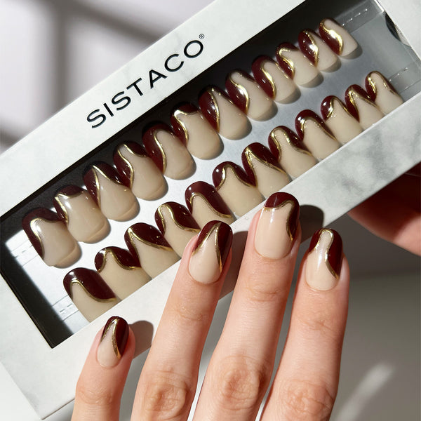 Oval Skin-toned Press-On Nails with Maroon Accents & 3D – Sistaco™ USA